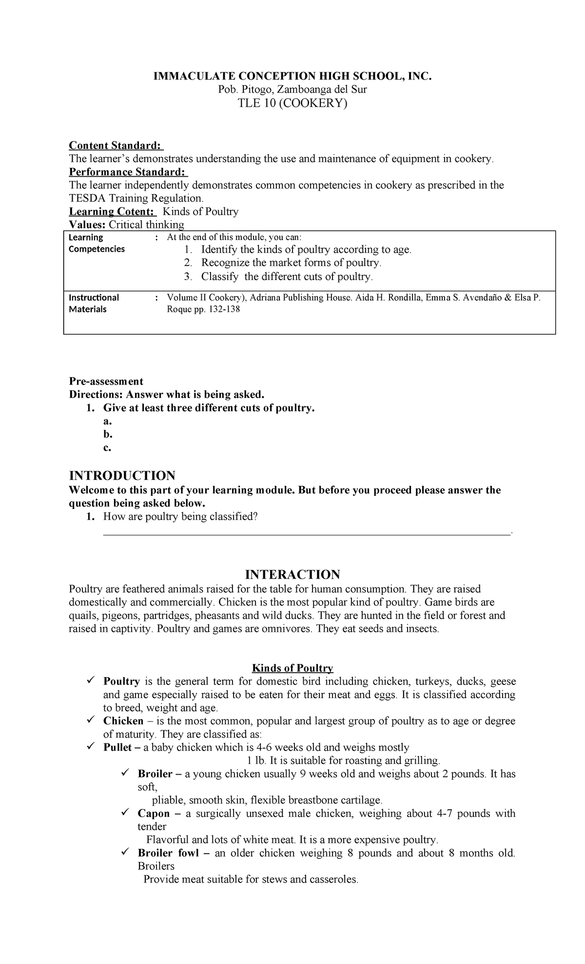 TLE 10 (Cookery) Module 3: Understanding Poultry Types and Cuts - Studocu