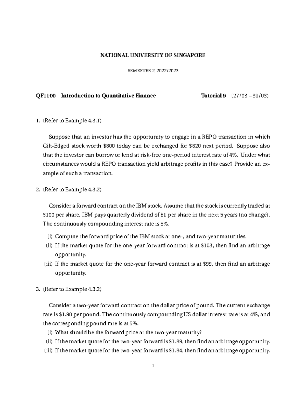 QF1100-Tutorial 9 - Tutorial - NATIONAL UNIVERSITY OF SINGAPORE ...