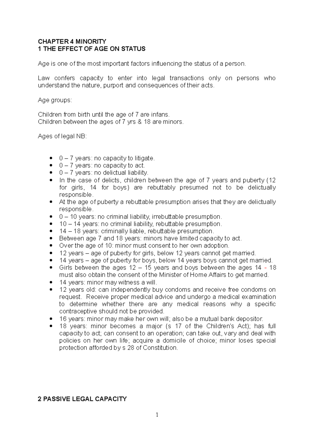 Chapter 4 - law of persons notes - CHAPTER 4 MINORITY 1 THE EFFECT OF ...