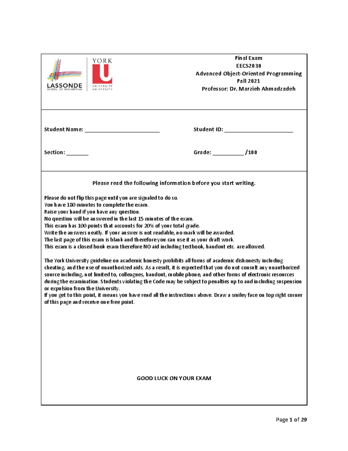 Final Exam EECS2030 Advanced Programming Guidelines & Instructions - Studocu