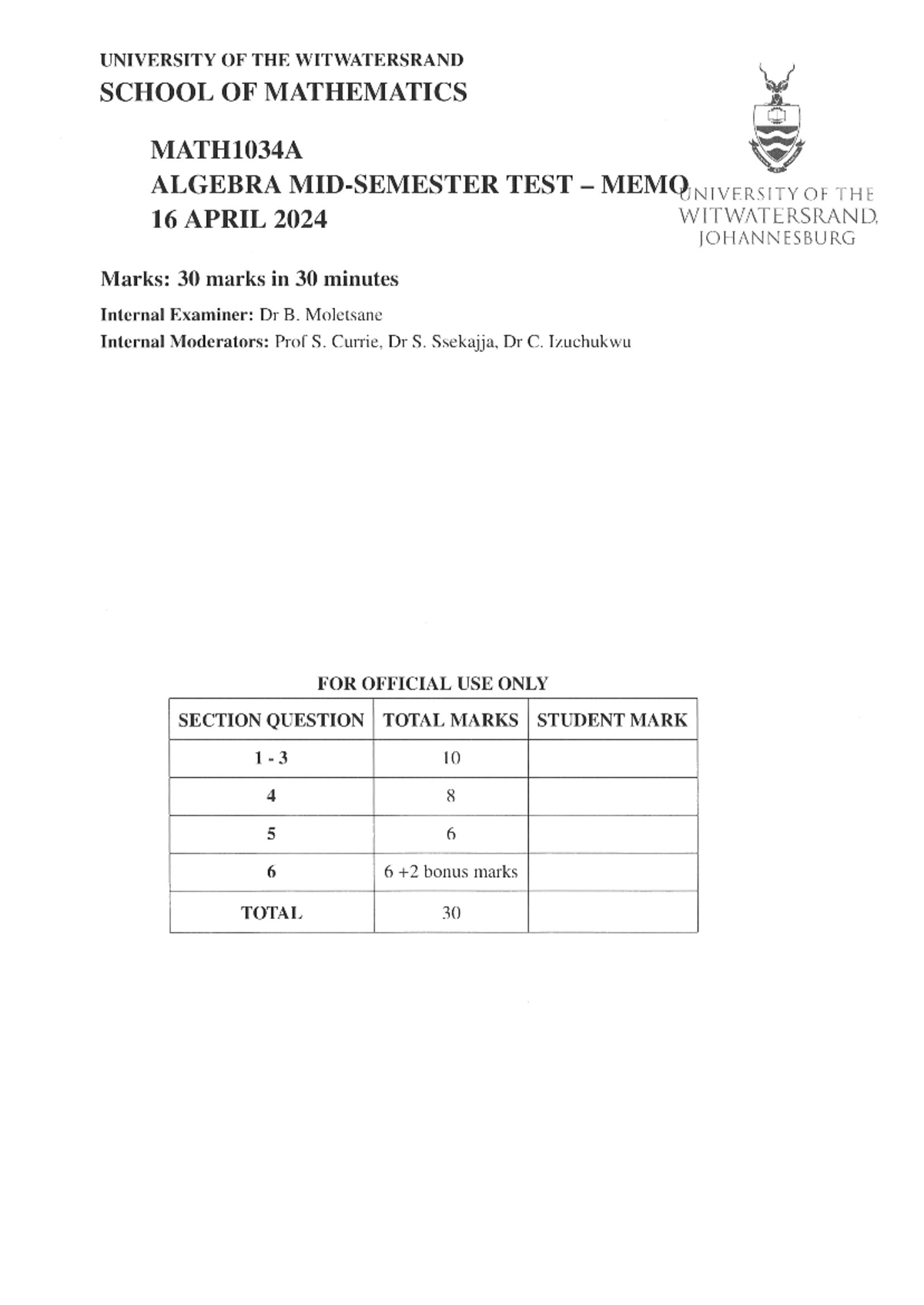 MATH1034A Algebra Test Memo - April 16, 2024 - Studocu