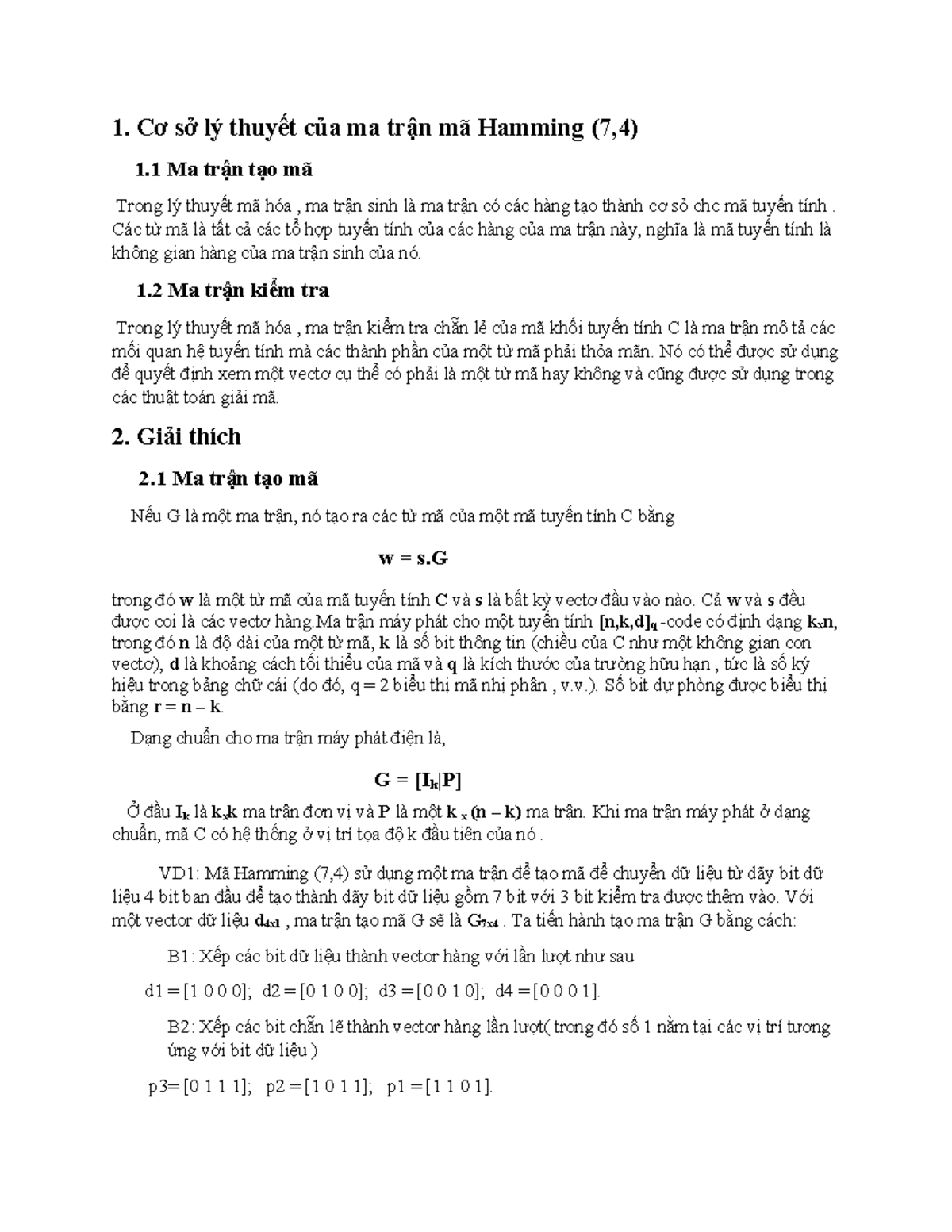 Cơ sở lý thuyết mã Hamming (7,4): Ma trận tạo mã và kiểm tra - Studocu