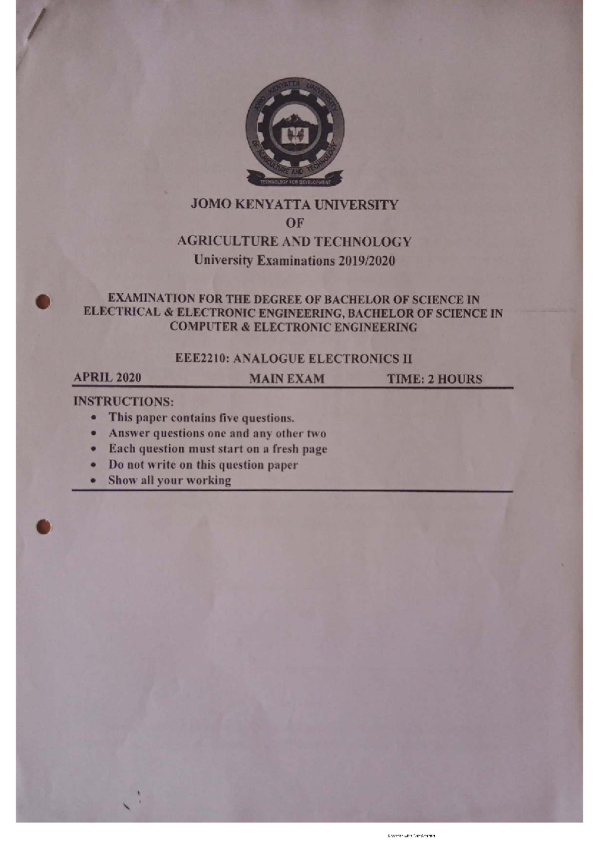 Past Paper 2020: Analogue Electronics II - BSc Electrical Engineering ...