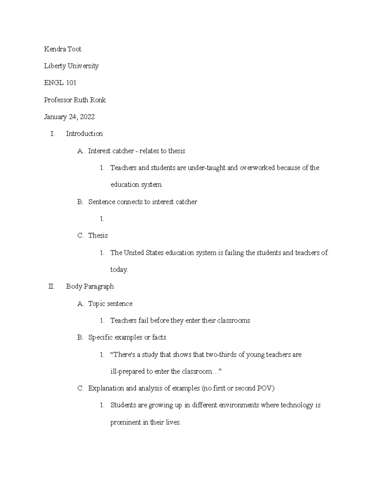 Classical Argument Thesis Outline on U.S. Education Failures - ENGL 101 ...