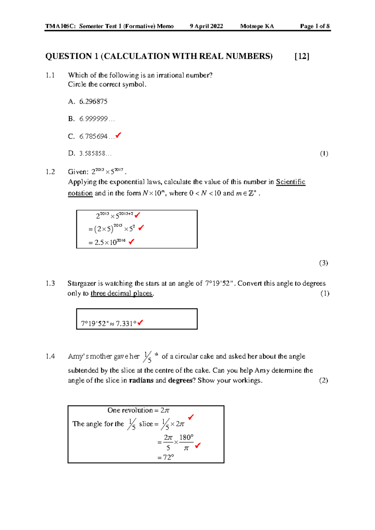 2022 TMA105C WR1 Memo: Key Concepts in Calculating with Numbers - Studocu