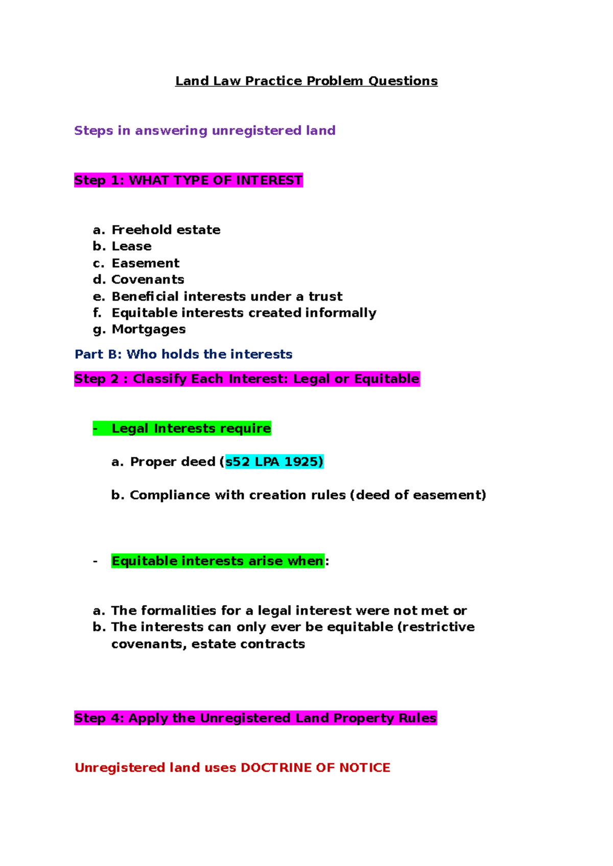 Land Law Practice Problem Questions: Unregistered Land Analysis - Studocu