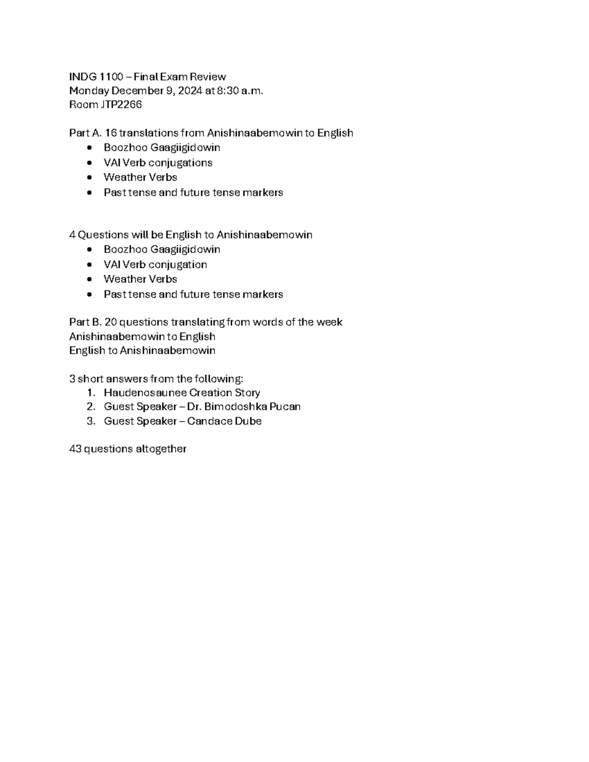 INDG 1100 Exam Review - EXAM - INDG 1100 – Final Exam Review Monday ...