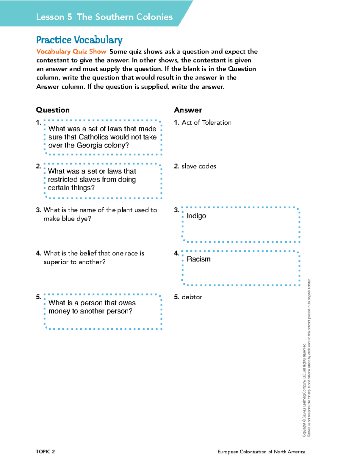 Practice Vocabulary Sheet The Southern Colonies - Copyright © Savvas ...