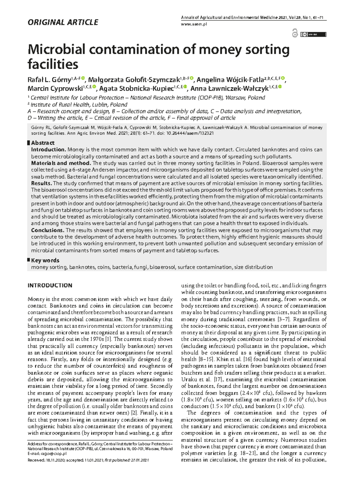 Microbial Contamination in Money Sorting Facilities: A Study (2021 ...
