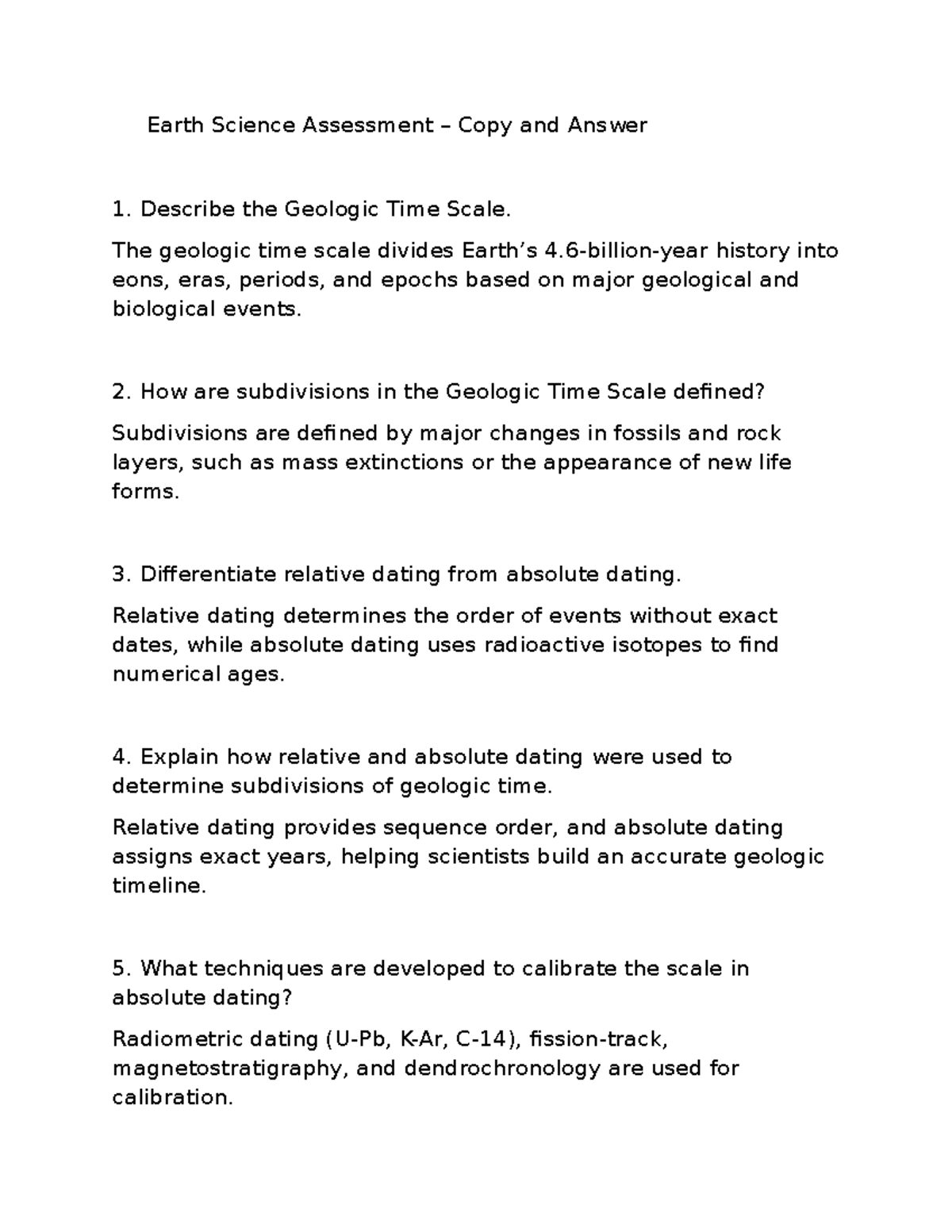 Earth Science 3852954747: Geologic Time Scale Assessment Guide - Studocu