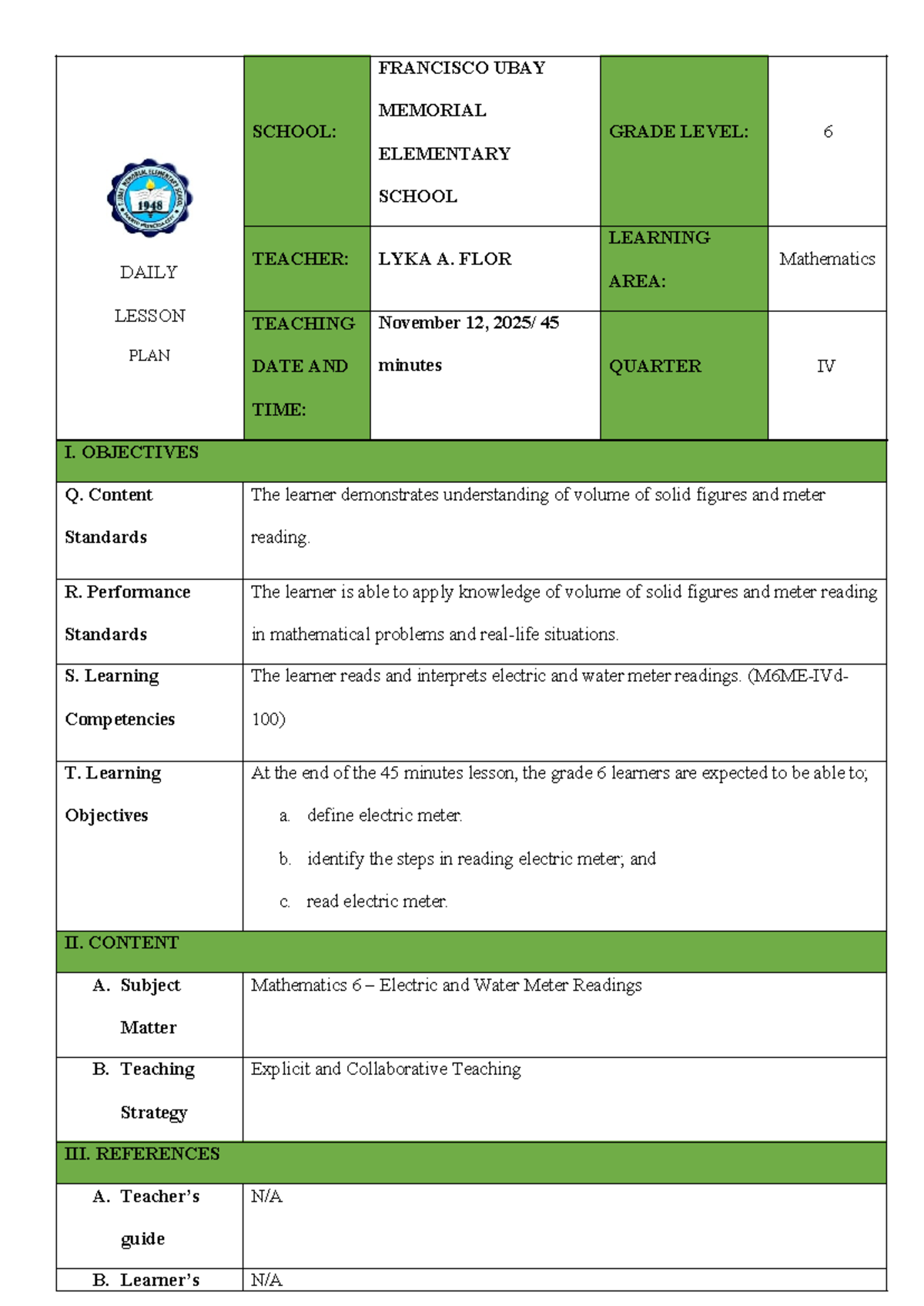 FS2 Final Lesson Plan: Understanding Electric & Water Meter Readings in ...