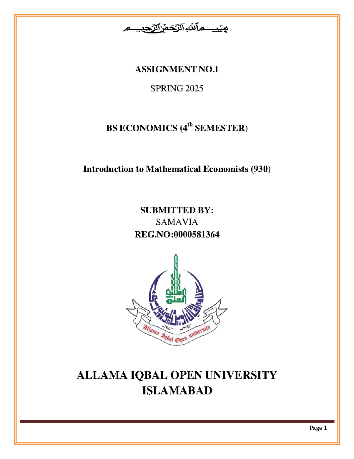 Assignment No. 1: Intro to Mathematical Economics (930) - Spring 2025 ...