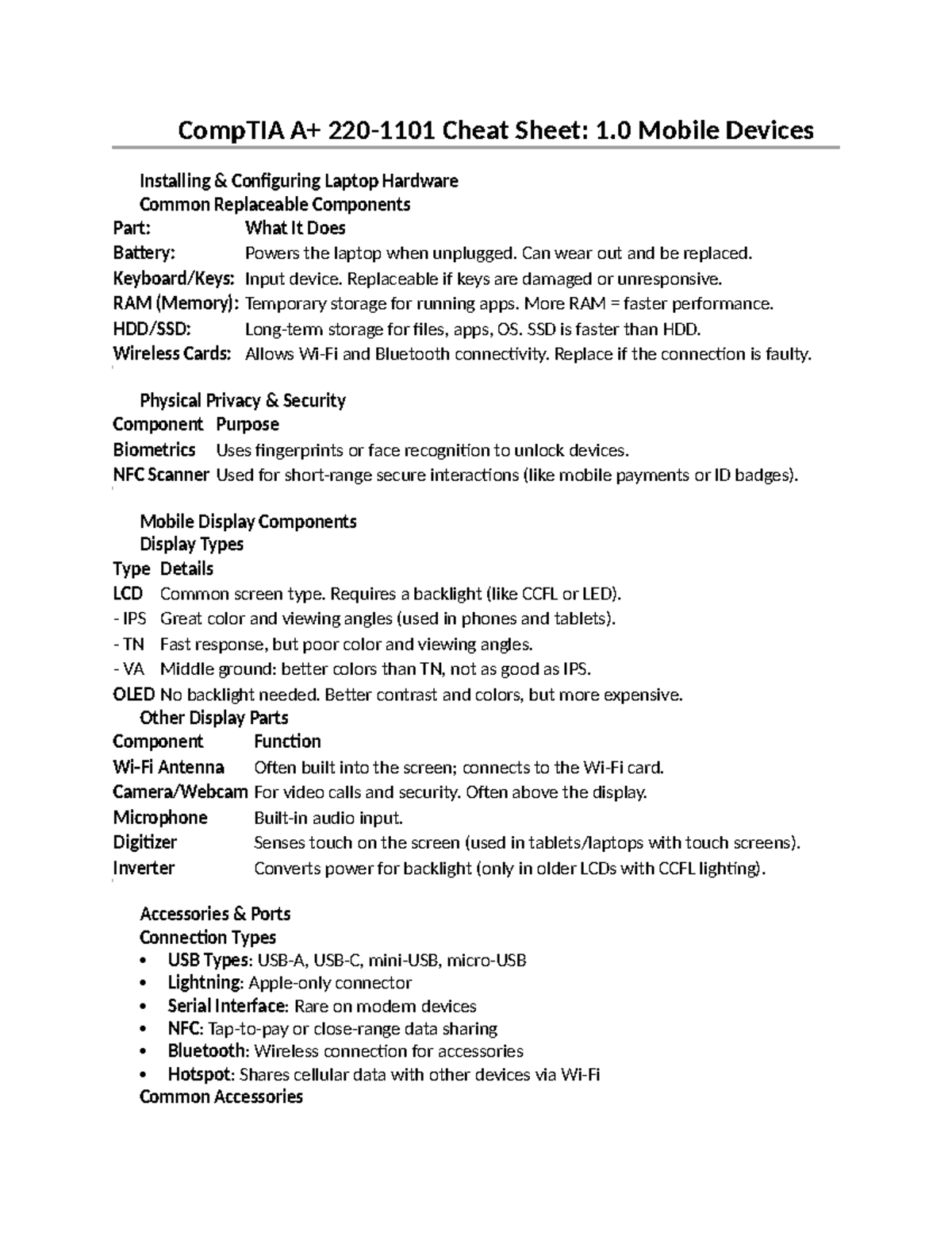 CompTIA A+ 220-1101 Final Exam Cheat Sheet: Mobile Devices Overview ...