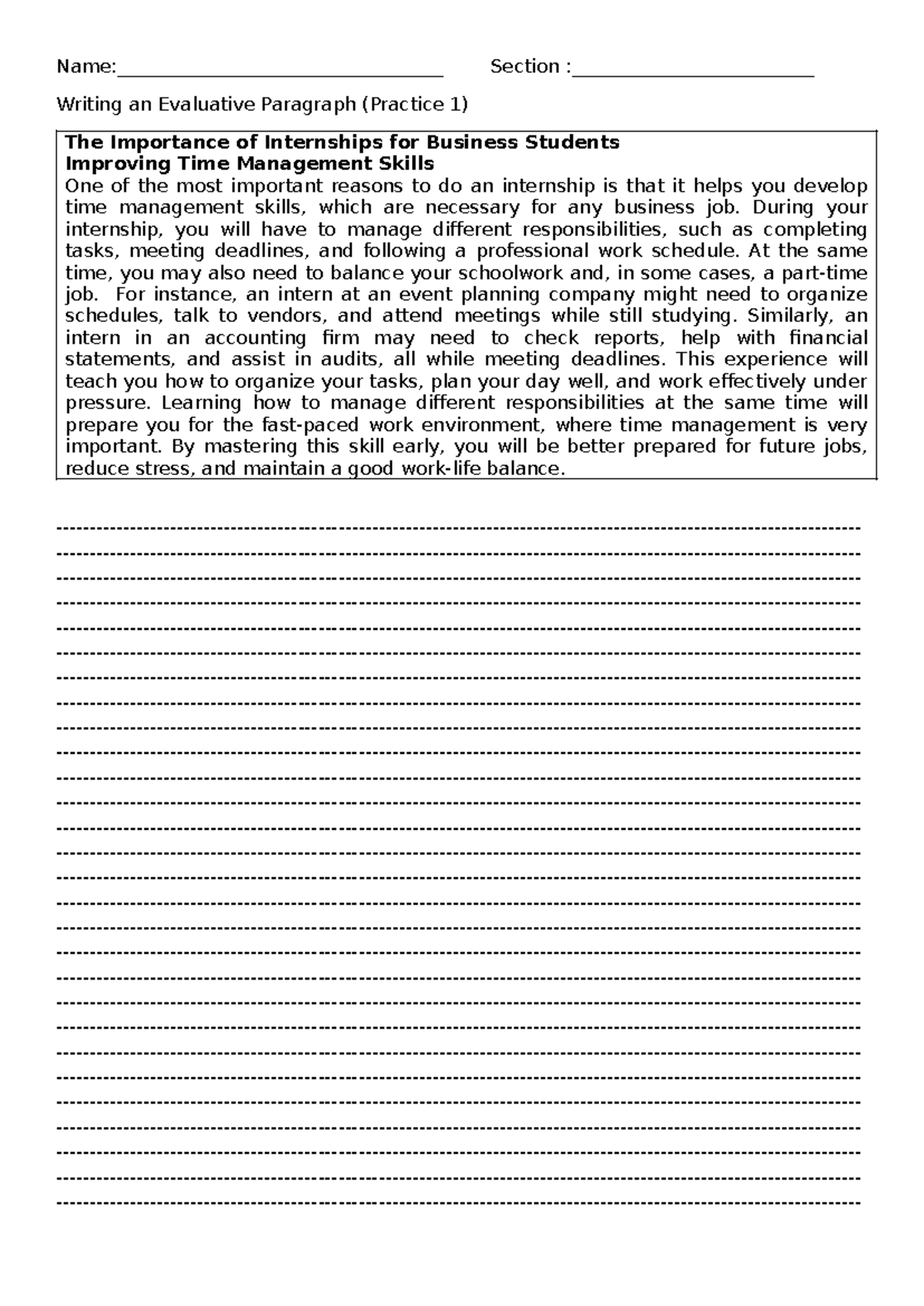 Practice 1 - Evaluative Paragraph on Internships for Business Students ...