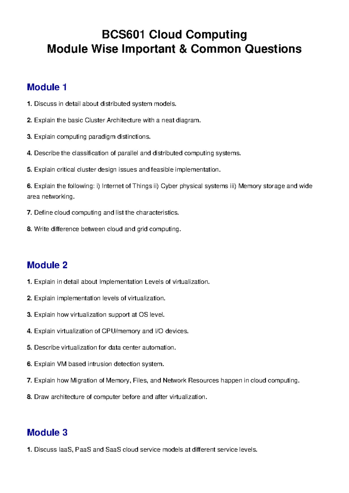 BCS601 Cloud Computing Important Questions by Module - Studocu
