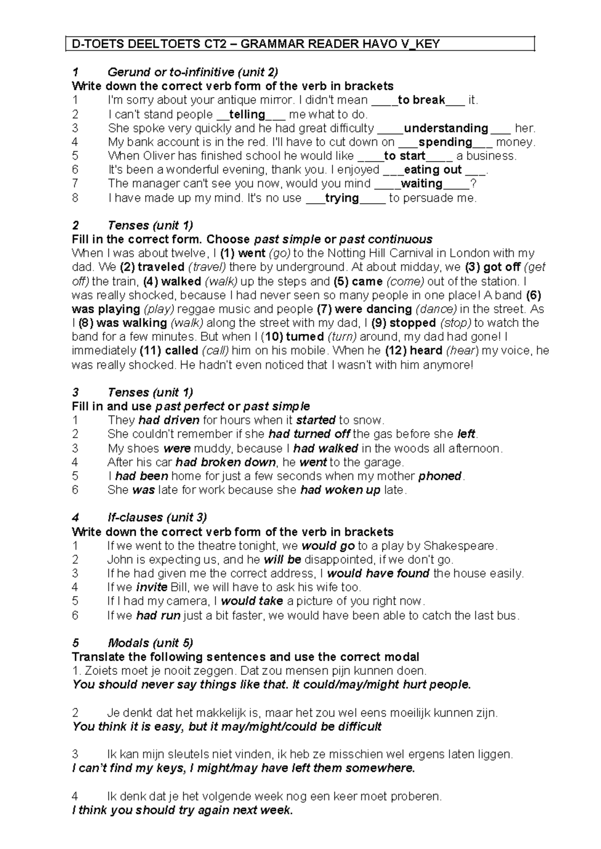 Deeltoets CT2 Grammar Reader HAVO V - Key 1: Verb Forms & Modals ...