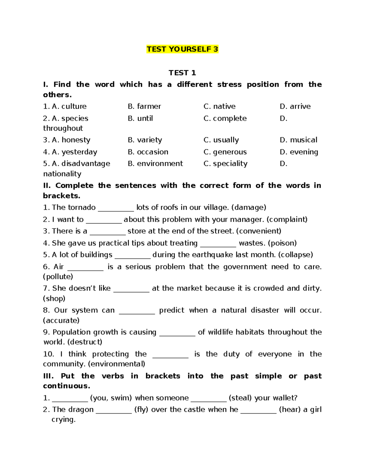 TEST YOURSELF 3: Vocabulary and Grammar Practice - Studocu