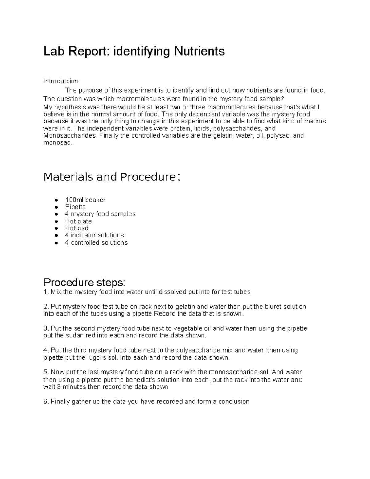 RK Lab Report identifying Nutrients - Lab Report: identifying Nutrients ...