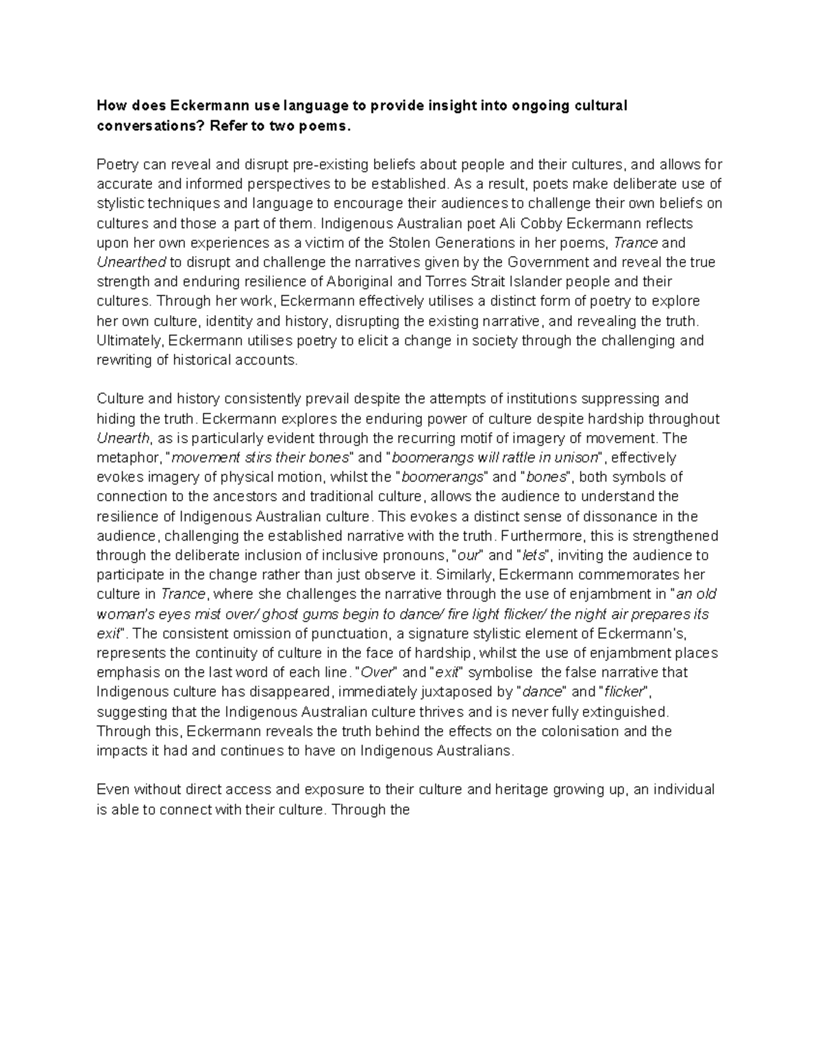 Eckermann's Poetry: Cultural Insights in Trance & Unearthed Essay - Studocu