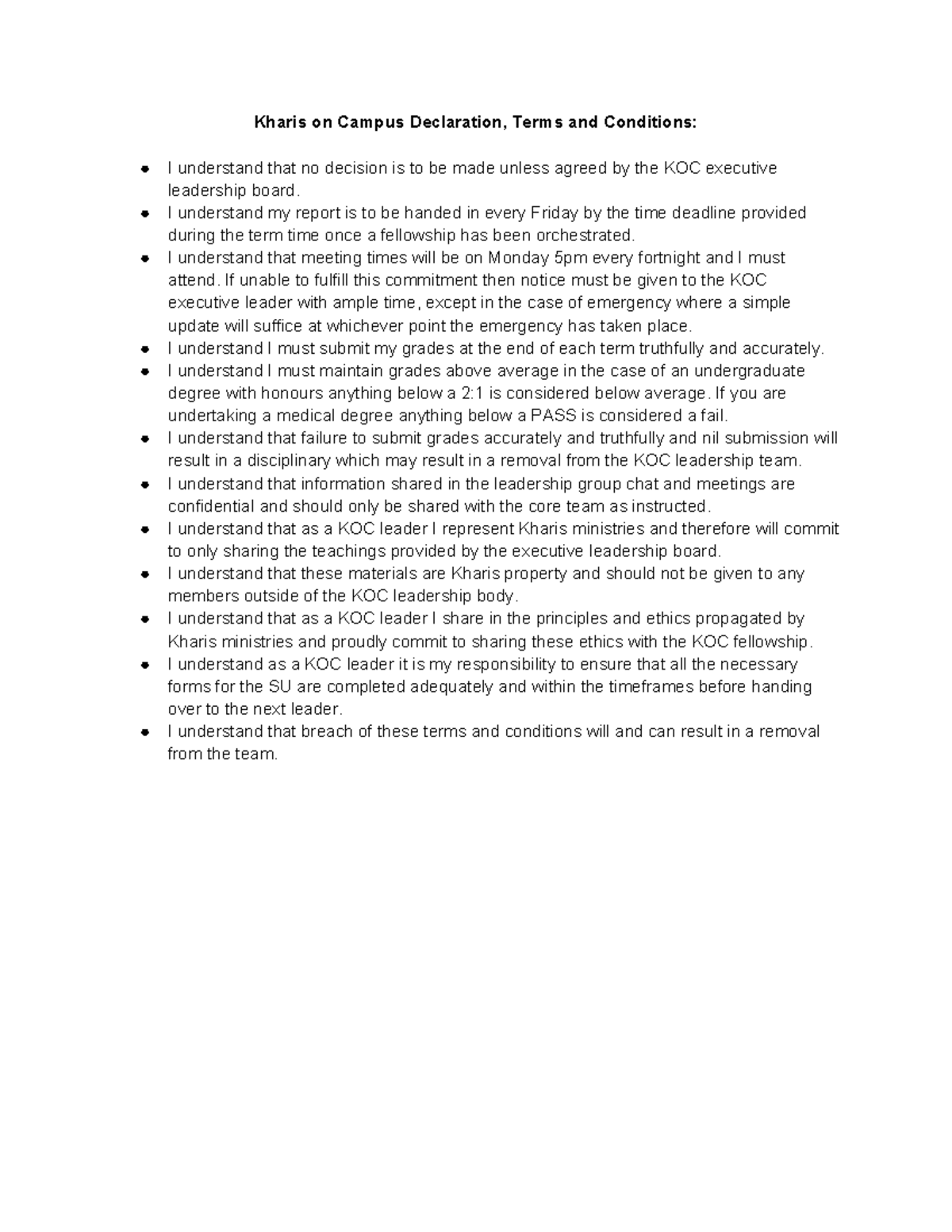 KOC Leadership Declaration: Terms & Conditions for Members - Studocu