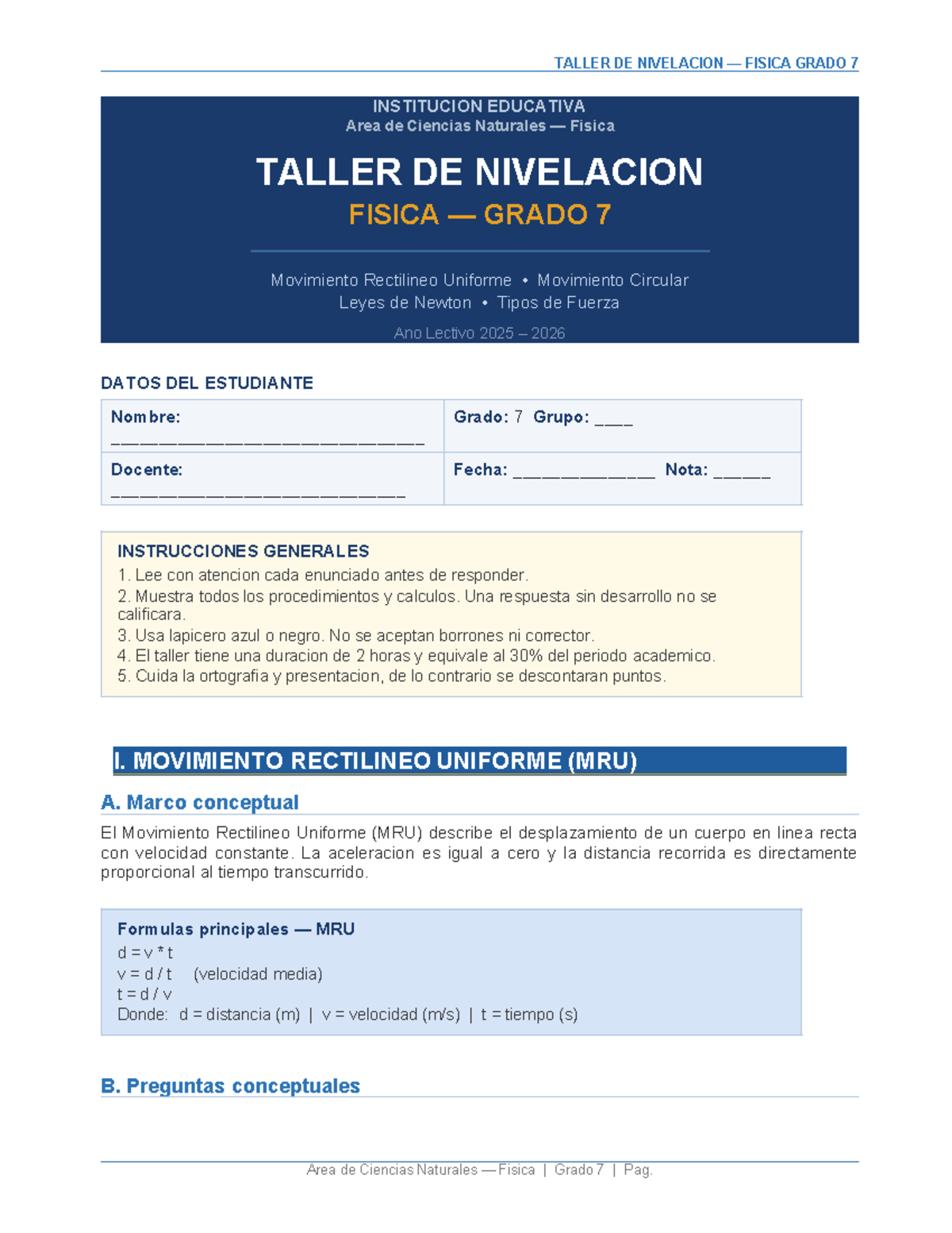 Taller de Nivelación Física Grado 7: Movimiento y Fuerzas - Studocu