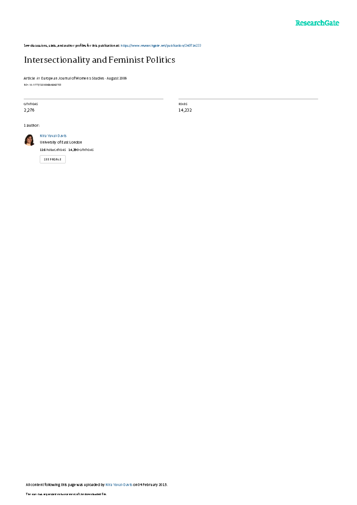 Intersectionality and Feminist Politics: An Analytical Overview - Studocu