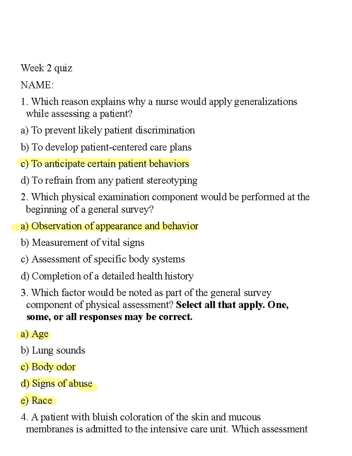 Skills Quiz 2 - Week 2 Nursing Assessment Questions - Studocu
