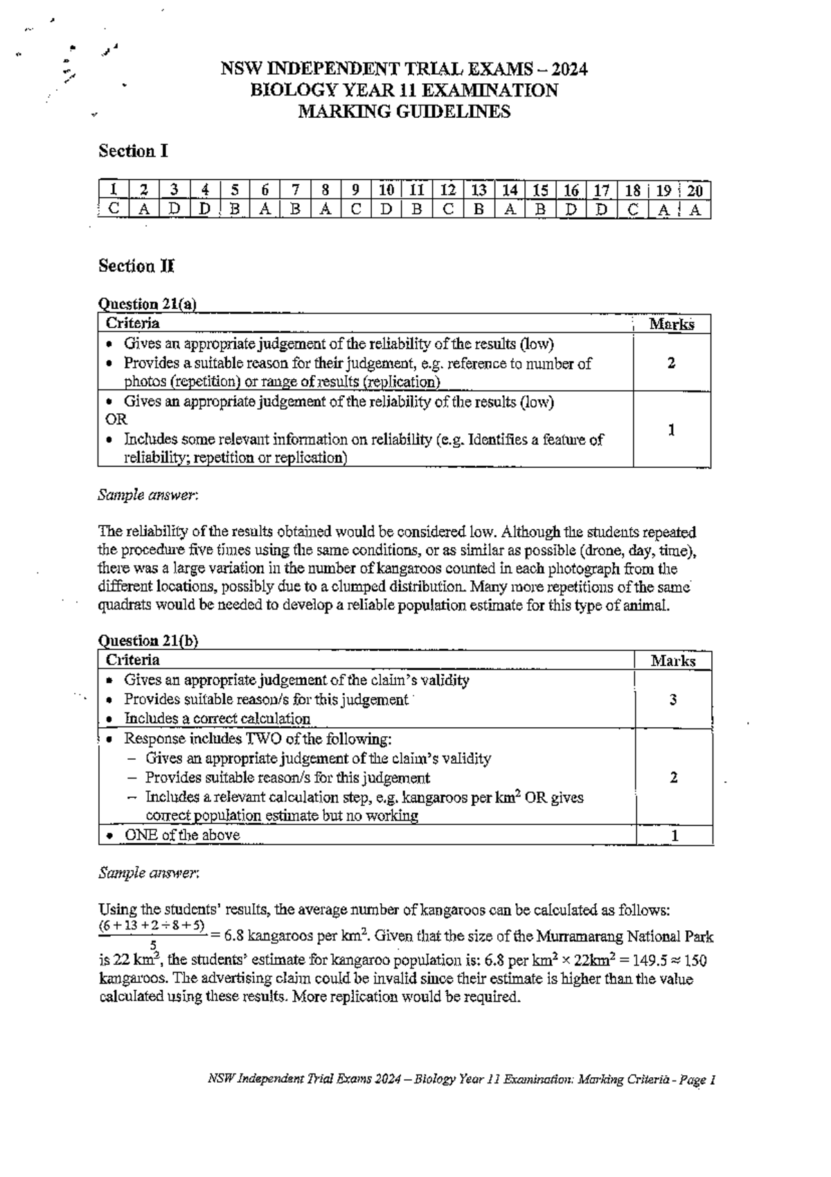 NSW Independent Trial Exams 2024 Biology Year 11 Exam Marking ...