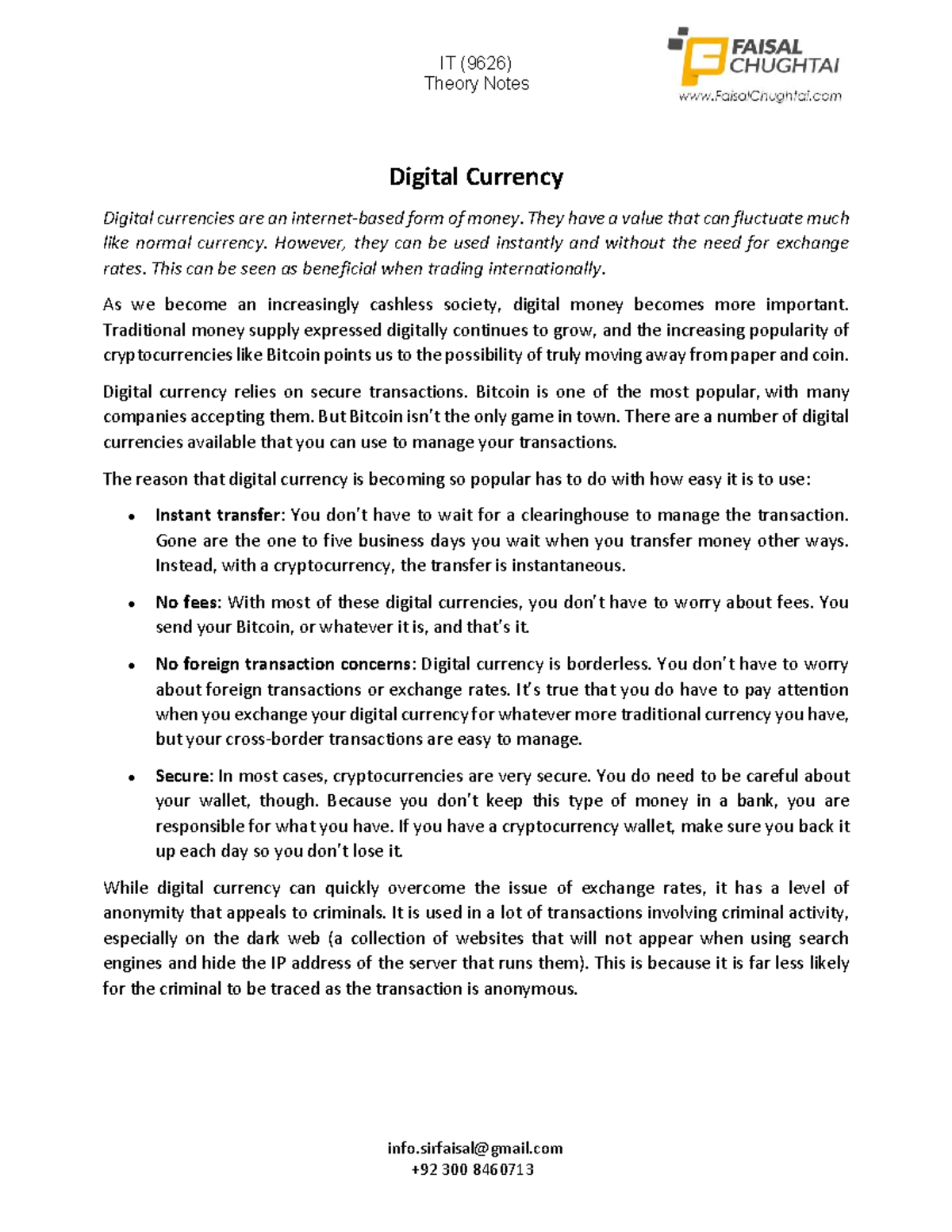IT (9626) Digital Currency Theory Notes: Overview & Security Aspects ...