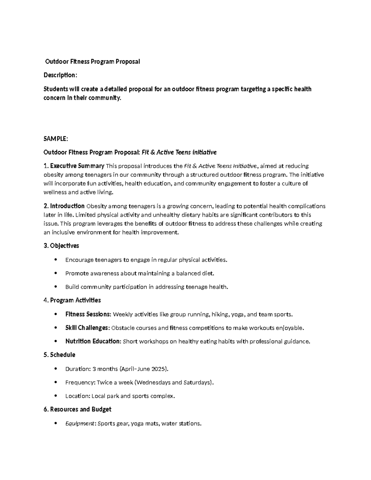 Outdoor Fitness Program Proposal. ( PETA) - Outdoor Fitness Program ...