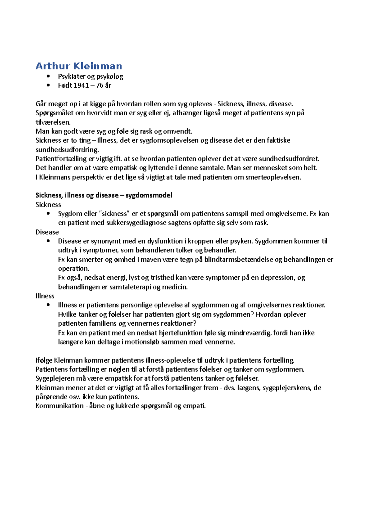 Arthur Kleinman's Perspectives on Sickness, Illness, and Disease - Studocu