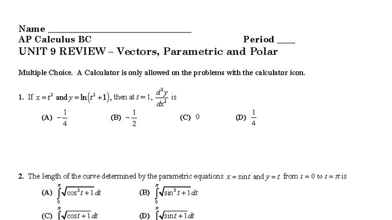 AP Calculus BC Unit 9 Review: Vectors, Parametric & Polar MCQ - Studocu