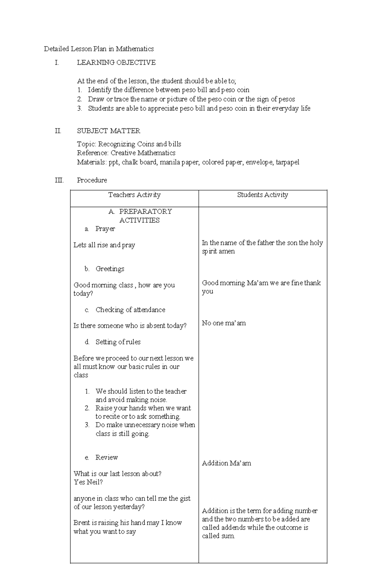 Detailed Lesson Plan in Mathematics - LEARNING OBJECTIVE At the end of ...