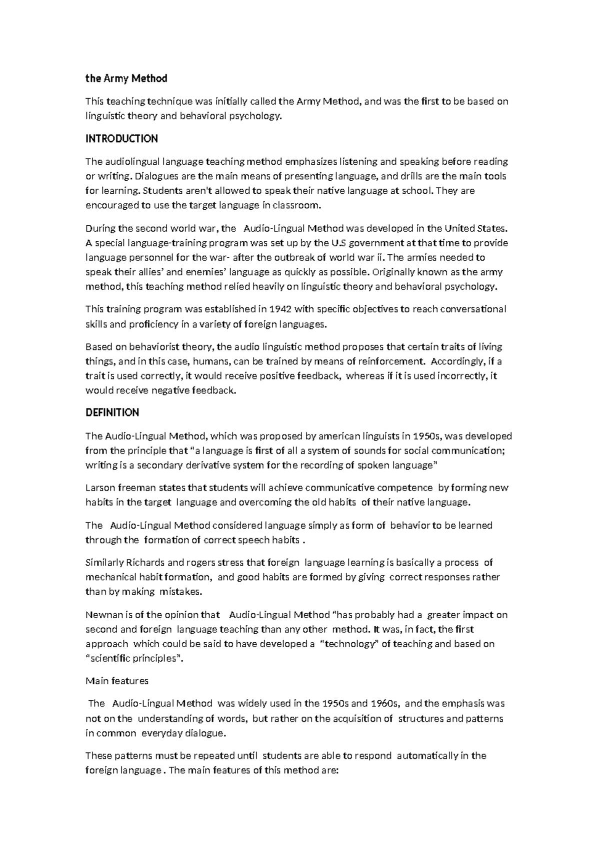 The Army Method: An Overview of Audiolingual Language Teaching - Studocu