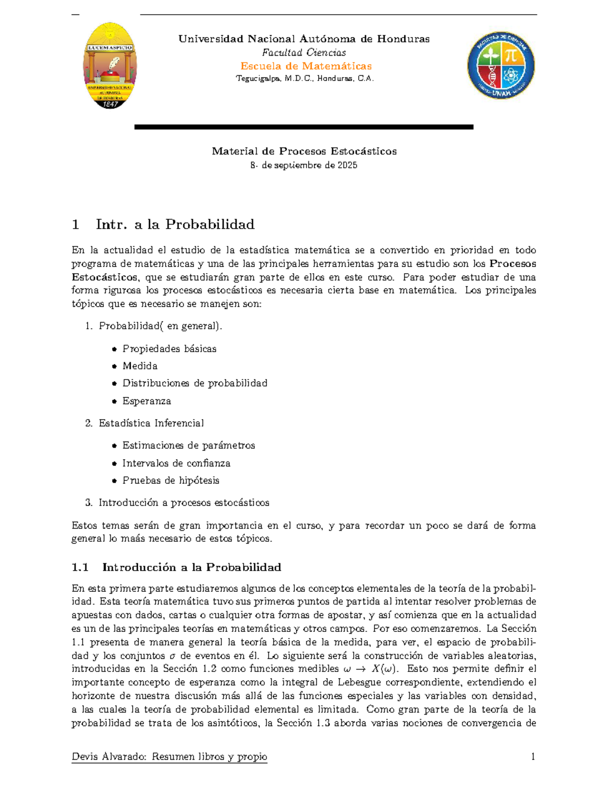 Repaso de Probabilidad P1 - Procesos Estocásticos UNAH - Studocu