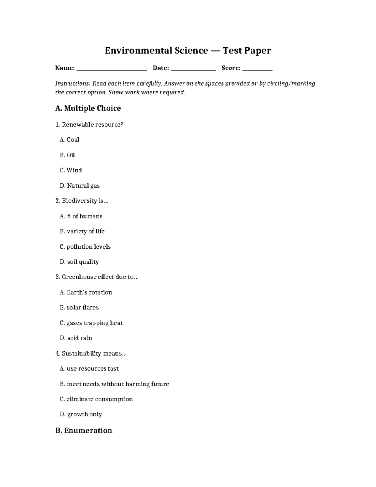 Environmental Science Test Paper: Quiz on Key Concepts - Studocu