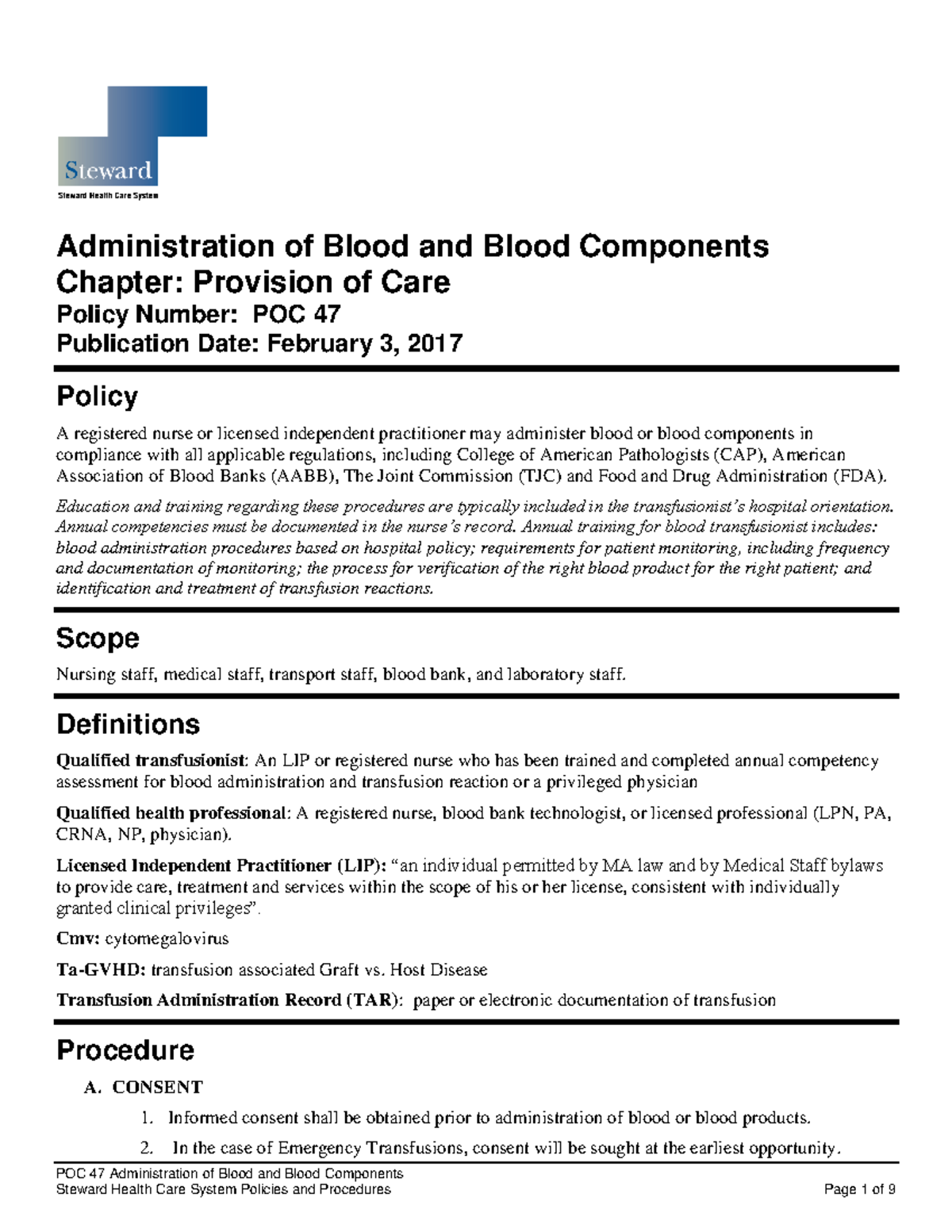 POC 47 Blood Administration Policy and Procedures Overview - Studocu