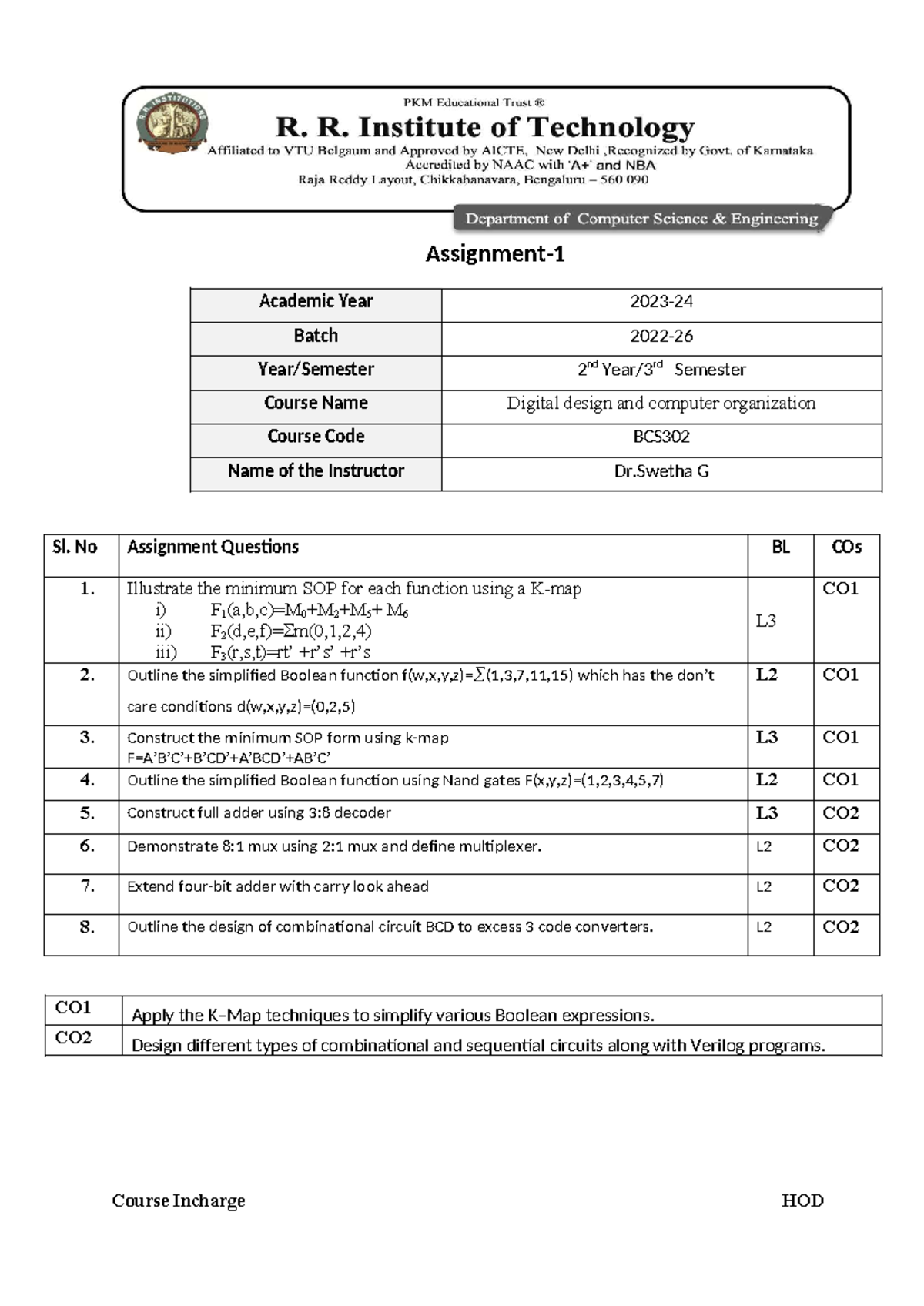BCS302 Digital Design & Computer Organization - Assignment 1 - Studocu