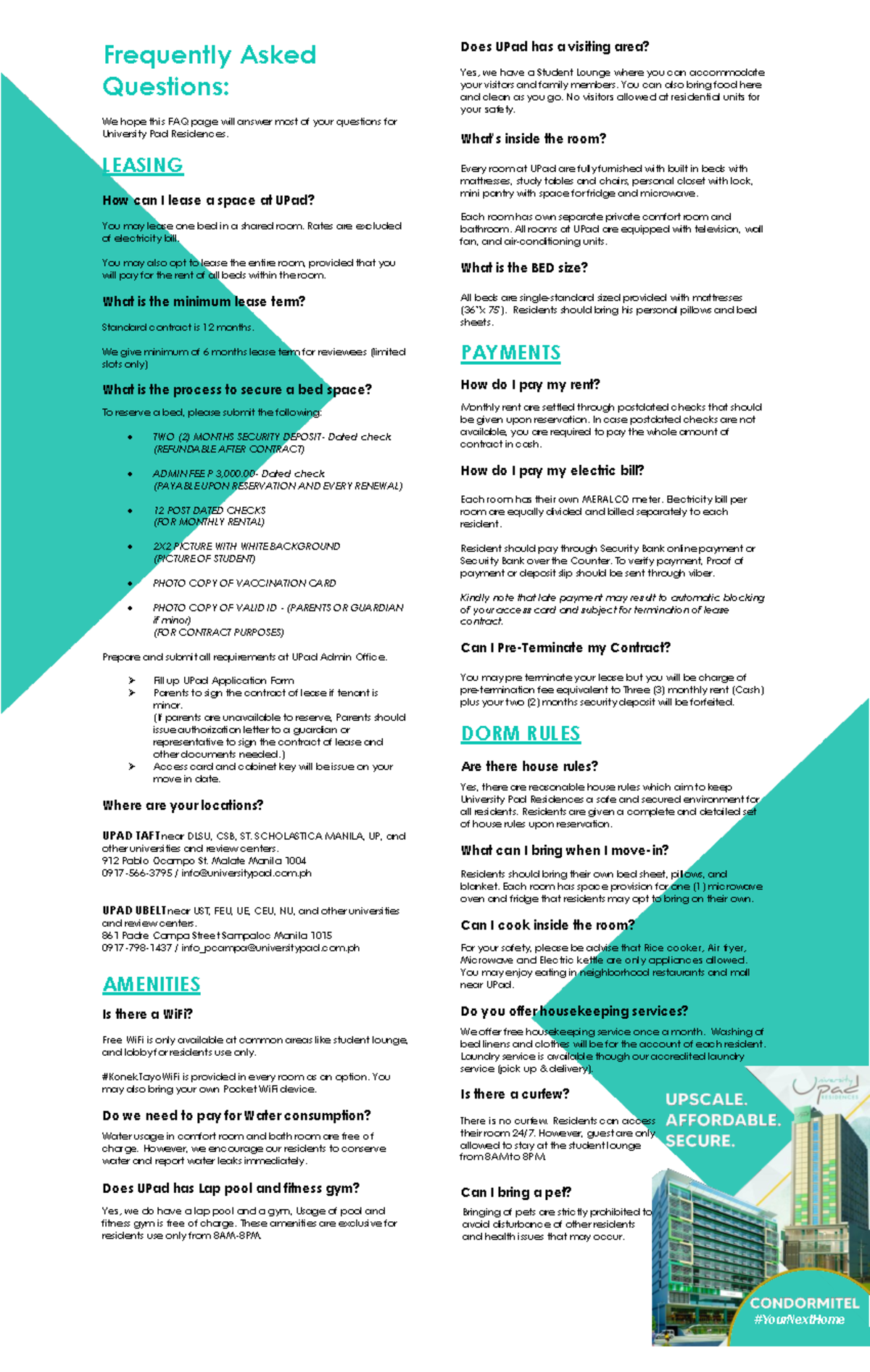 UPAD FAQs: Leasing, Amenities, Payments & House Rules Guide - Studocu