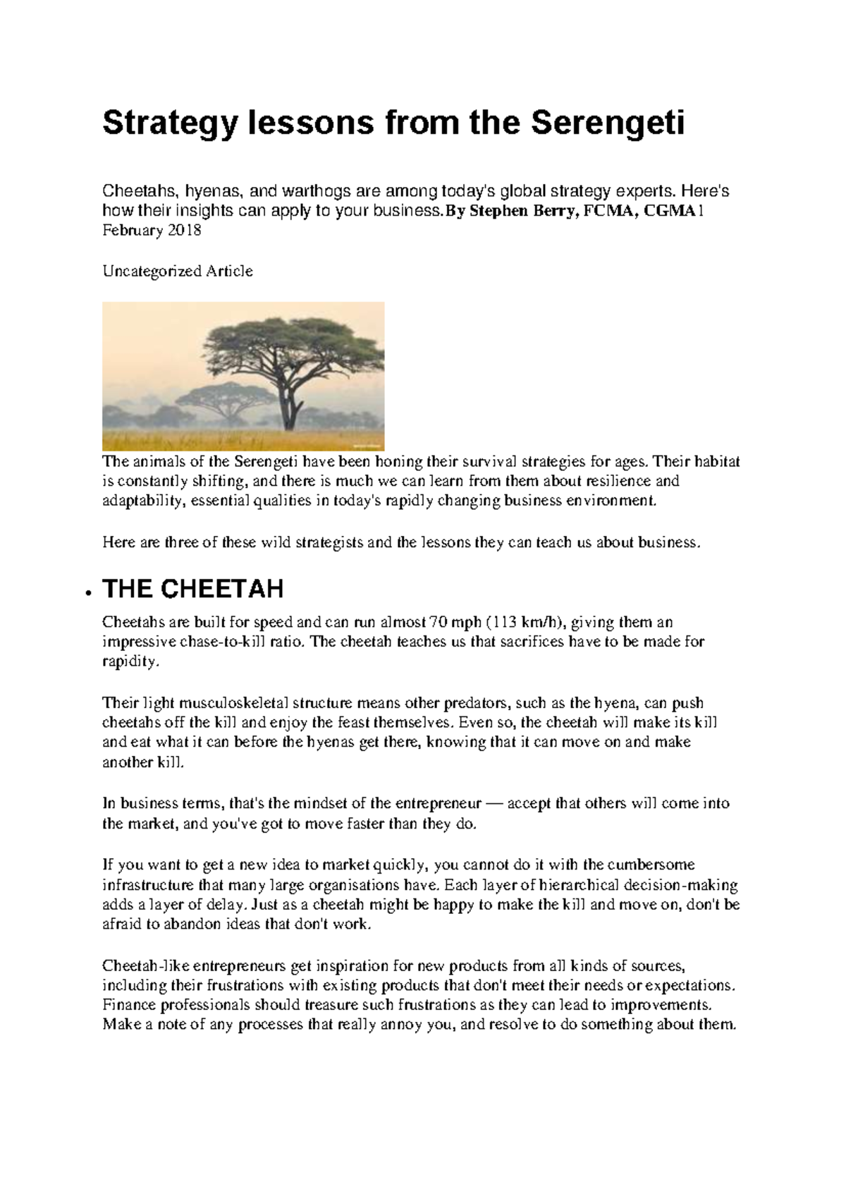 Strategy Insights from Serengeti Animals for Business Success - Studocu