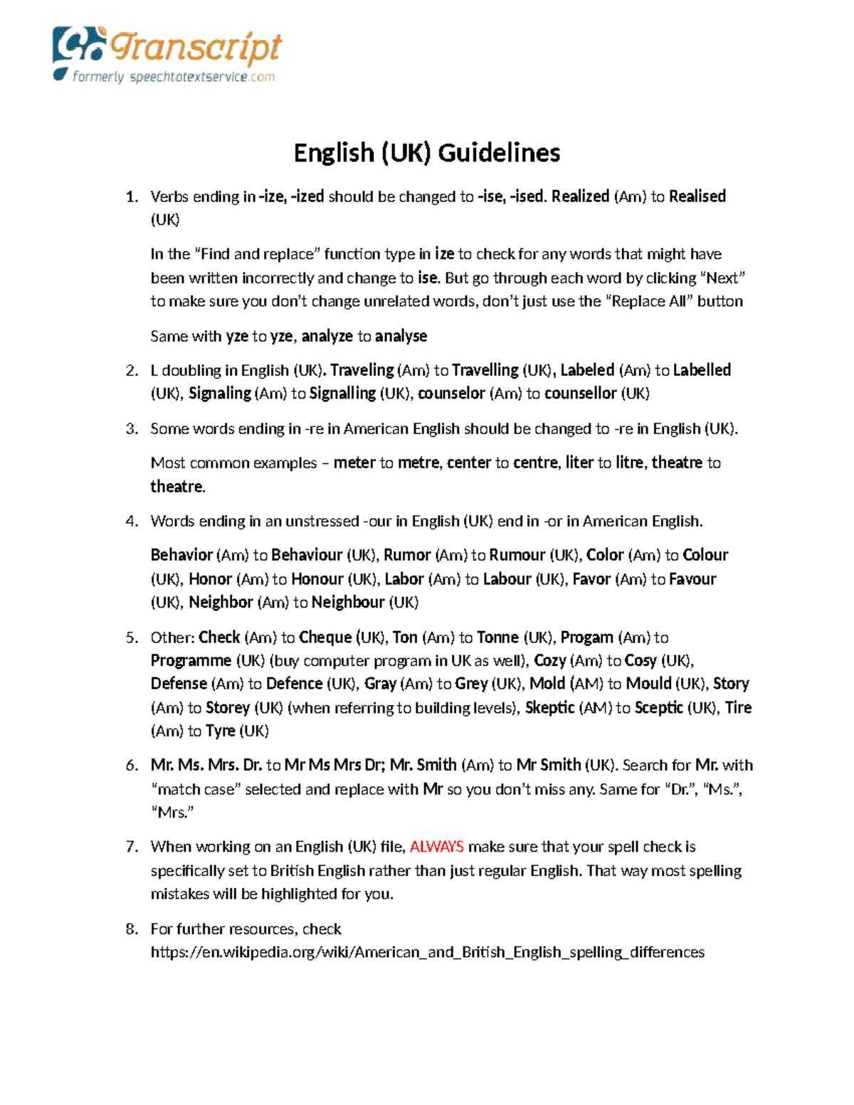 English (UK) Transcription Guidelines for Spelling Changes - Studocu