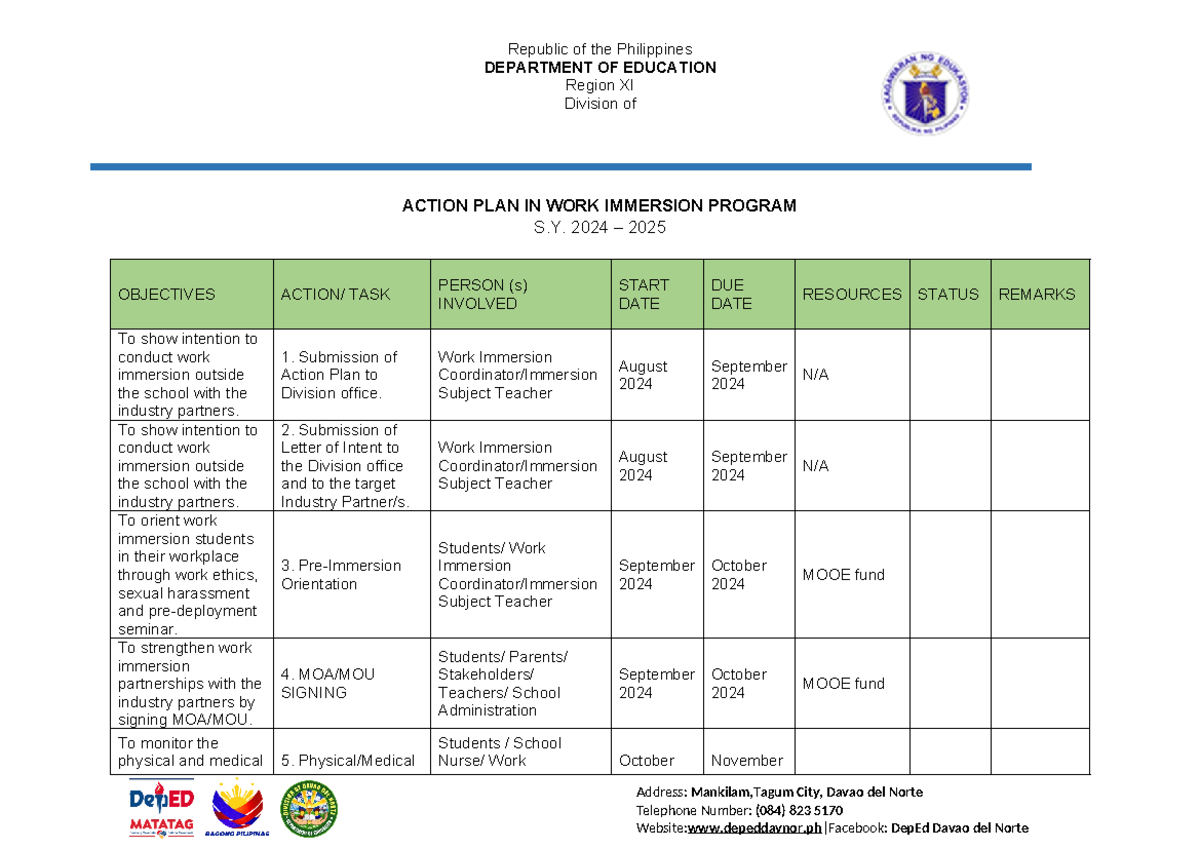 Action Plan: Work Immersion Program S.Y. 2024-2025 - Studocu