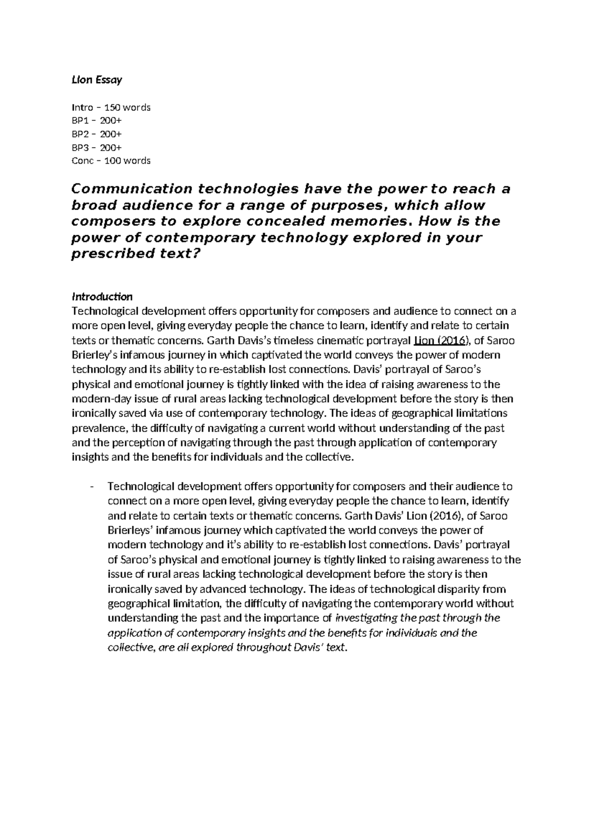 ENG102 Lion Essay: Exploring Technology's Role in Saroo's Journey - Studocu