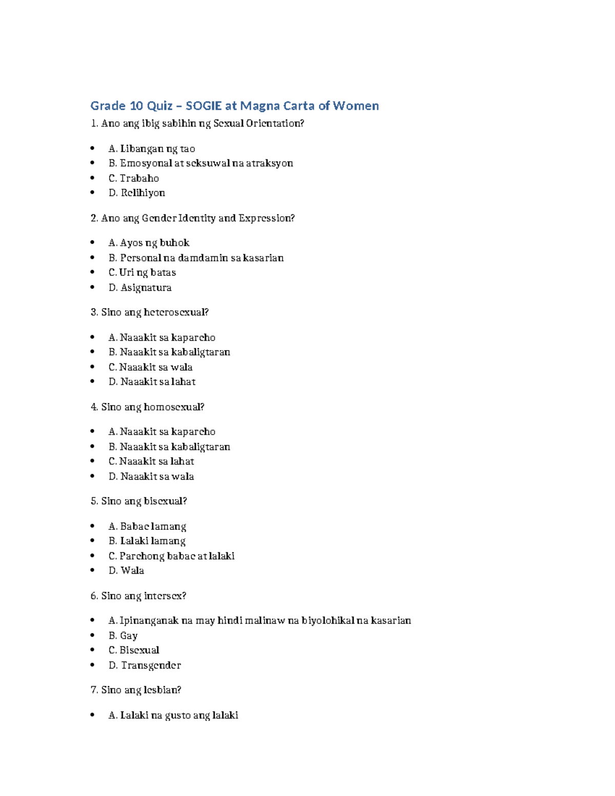 Grade 10 Quiz SOGIE: Understanding Sexual Orientation and Gender ...