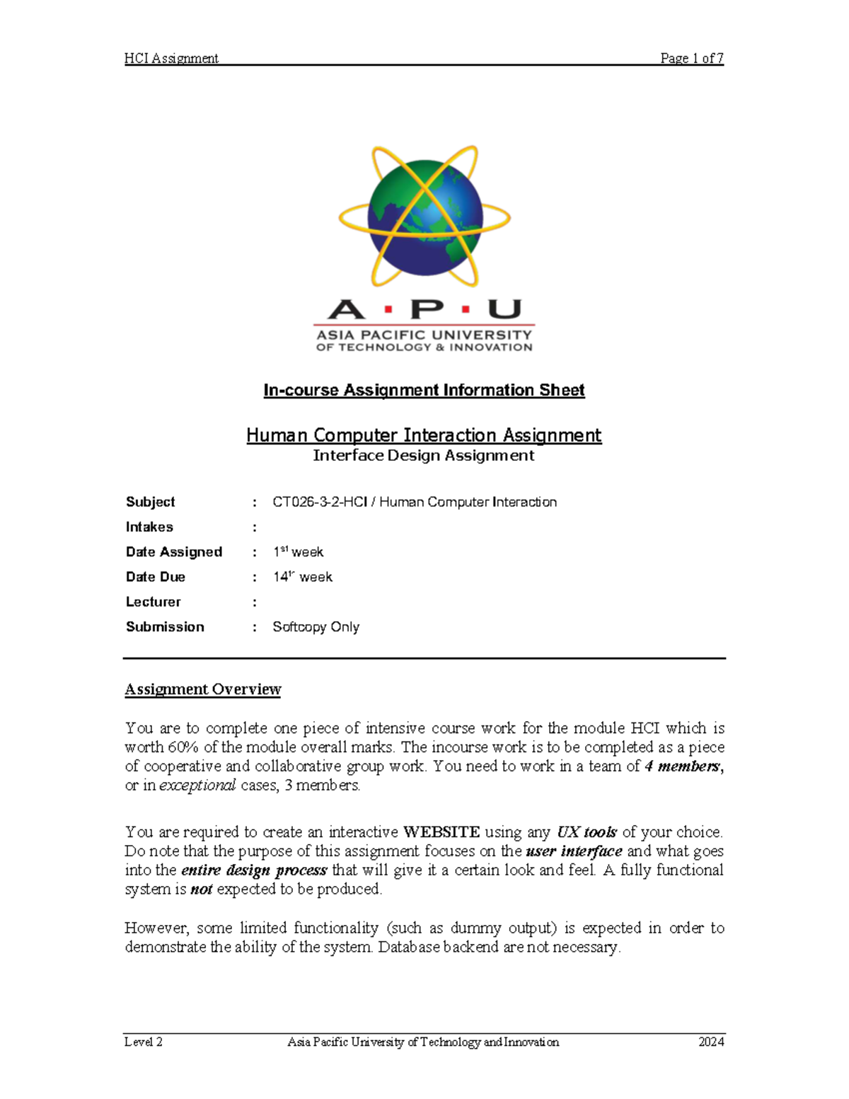 CT026-3-2 Human Computer Interaction Incourse 2024 onwards - In-course Assignment Information ...