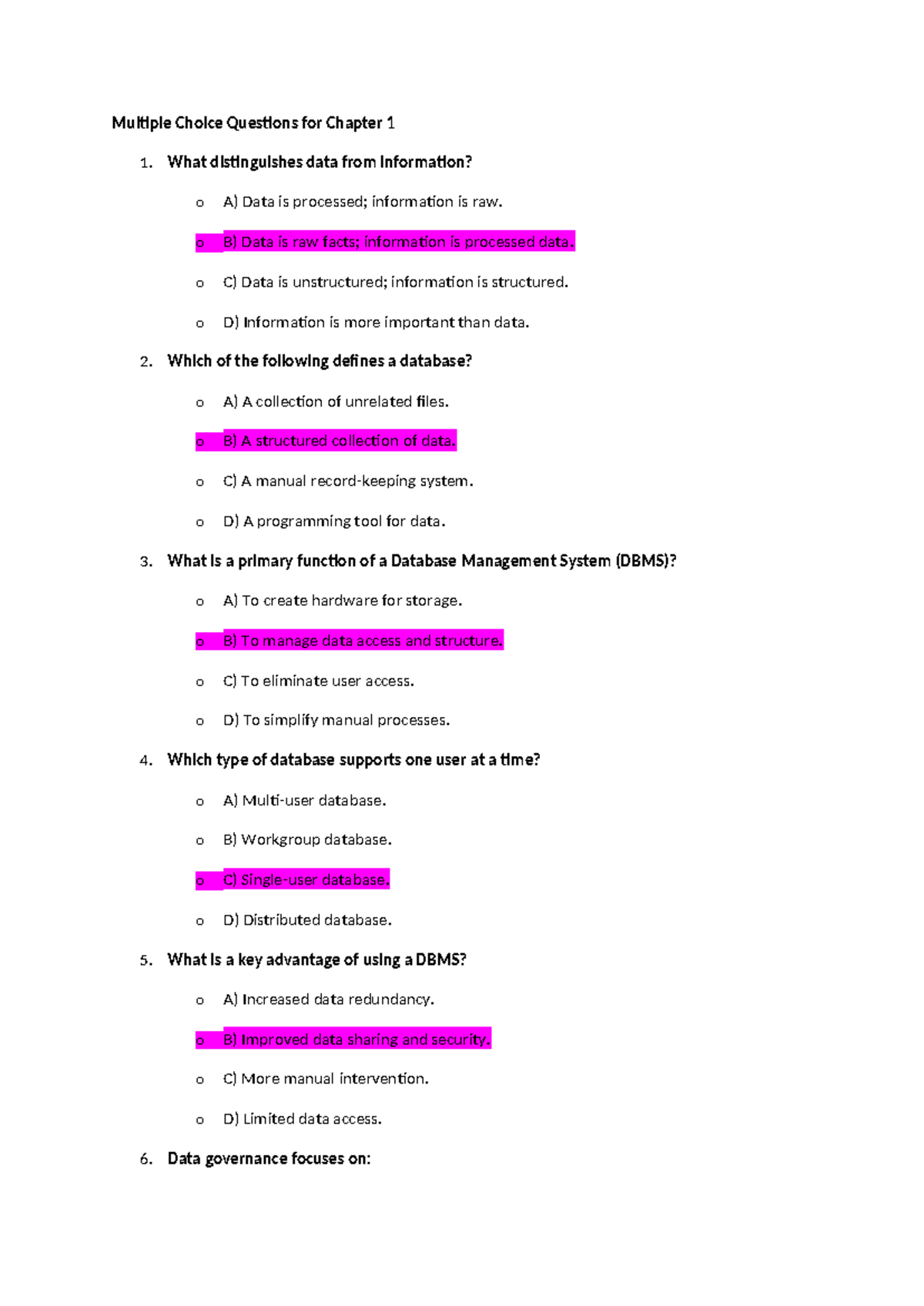 Chapter 1 MCQ for Database Management Systems (DBMS) - Studocu