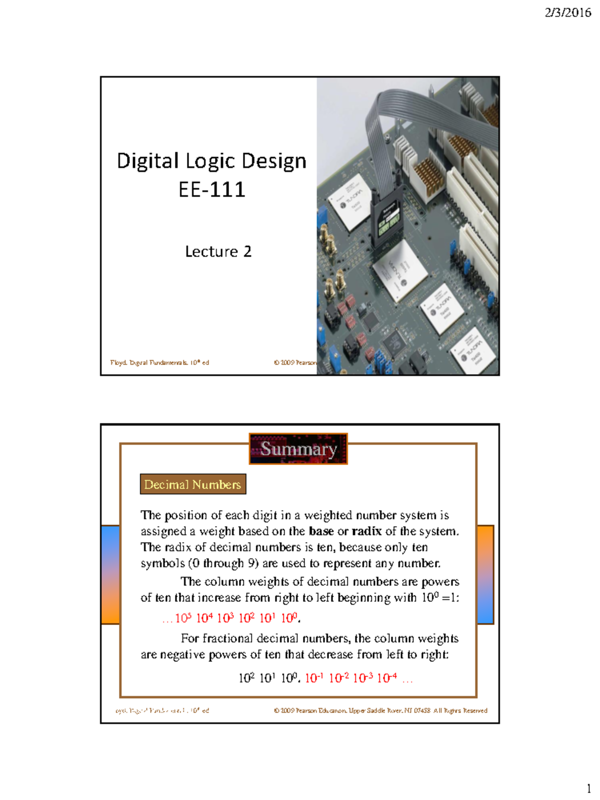 Lec2 - Lecture notes 2 - Digital Logic Design Lecture 2 Floyd, Digital ...
