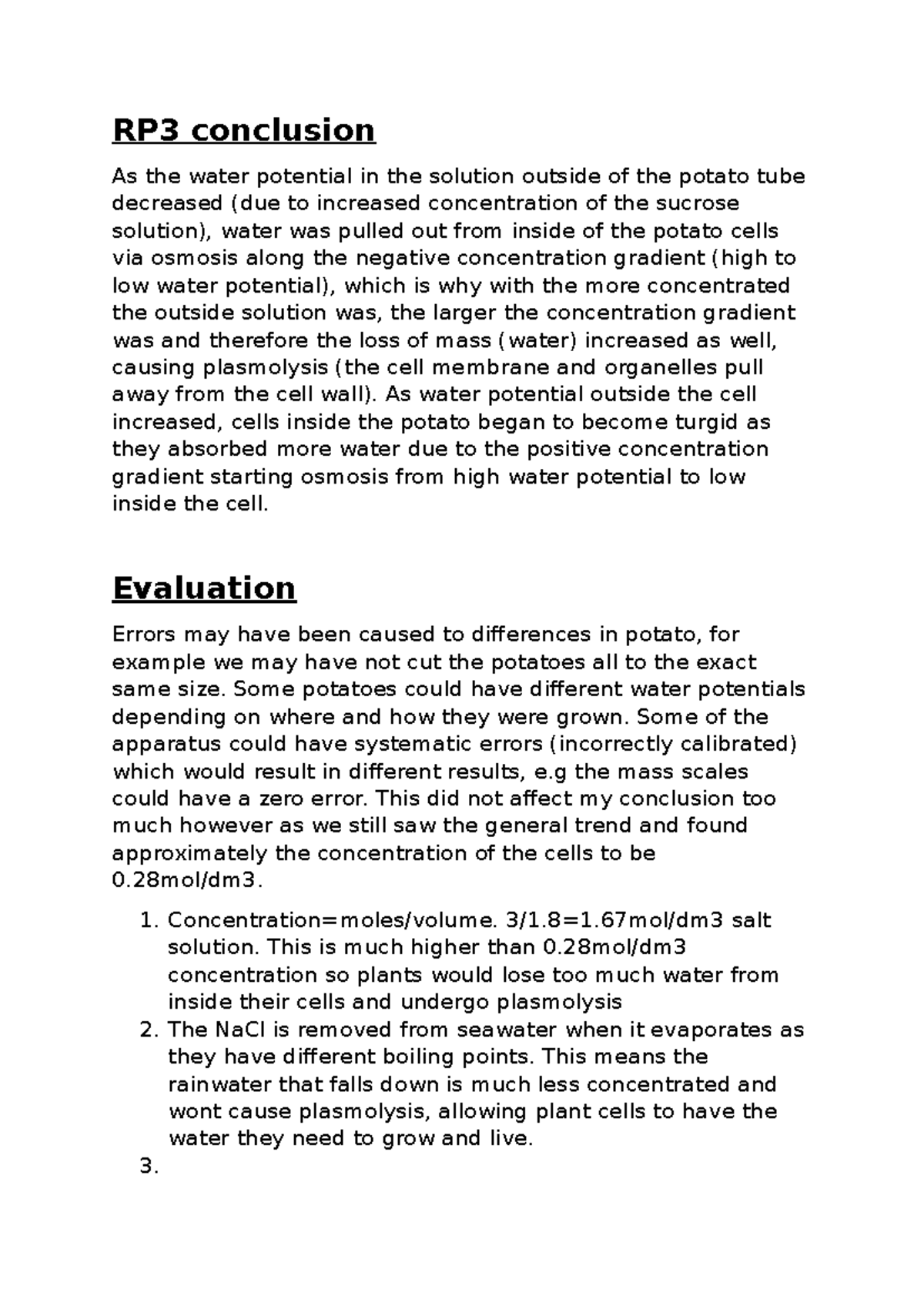 RP3 Writeup: Osmosis and Water Potential in Potato Cells - Studocu