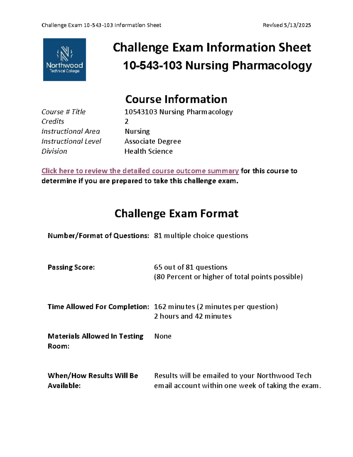10543103 Nursing Pharmacology Challenge Exam Info Sheet - Studocu