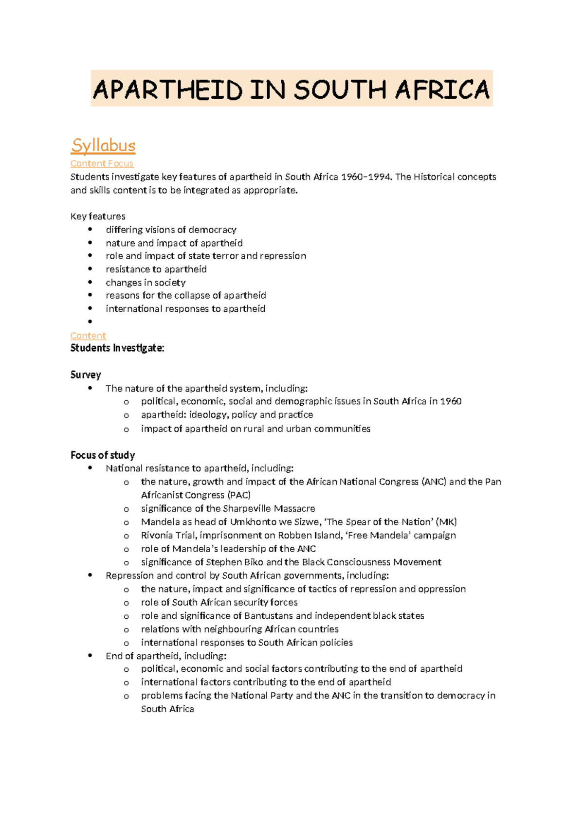 Apartheid IN South Africa - APARTHEID IN SOUTH AFRICA Syllabus Content ...
